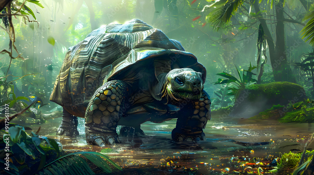 A colossal ancient tortoise with a rugged stone like shell roams ...
