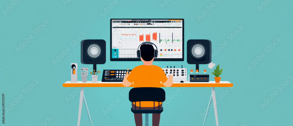 An individual working at a modern home studio setup, surrounded by ...