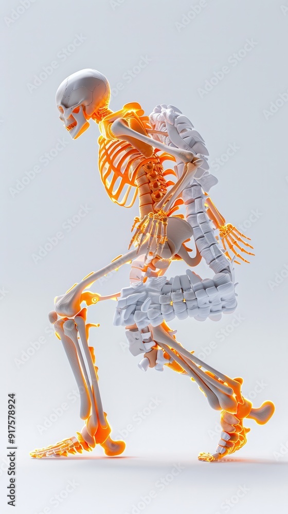 A detailed anatomical model of a skeleton in motion, showcasing human ...