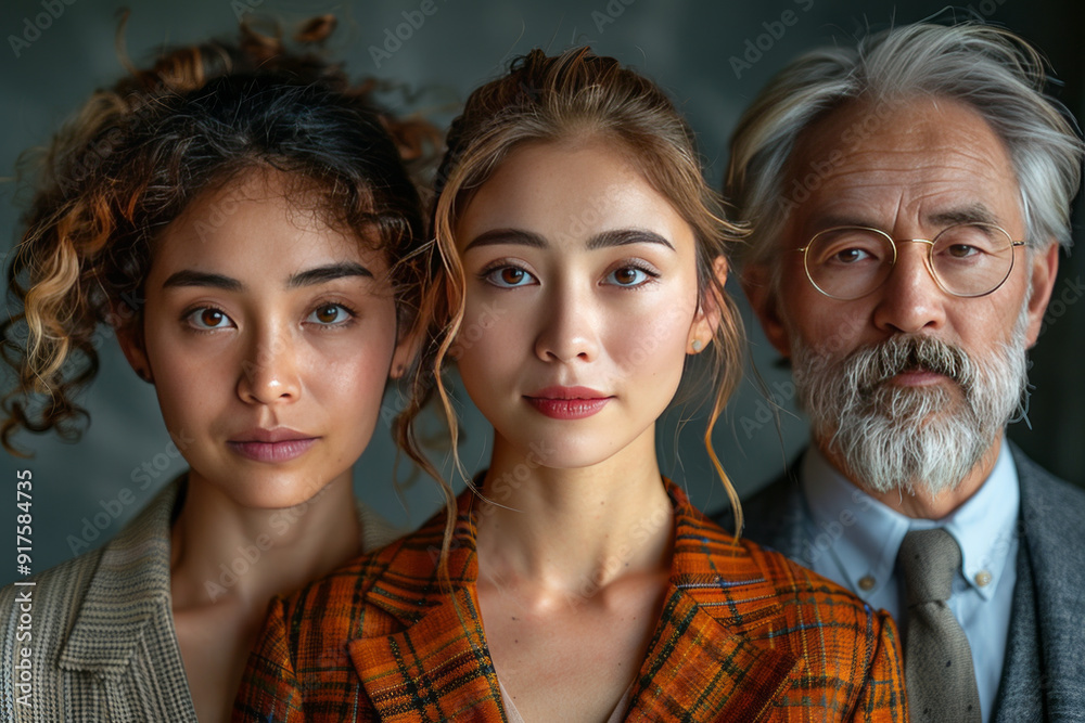 Diverse faces, 35 years old, styled as business people, with chinese ...