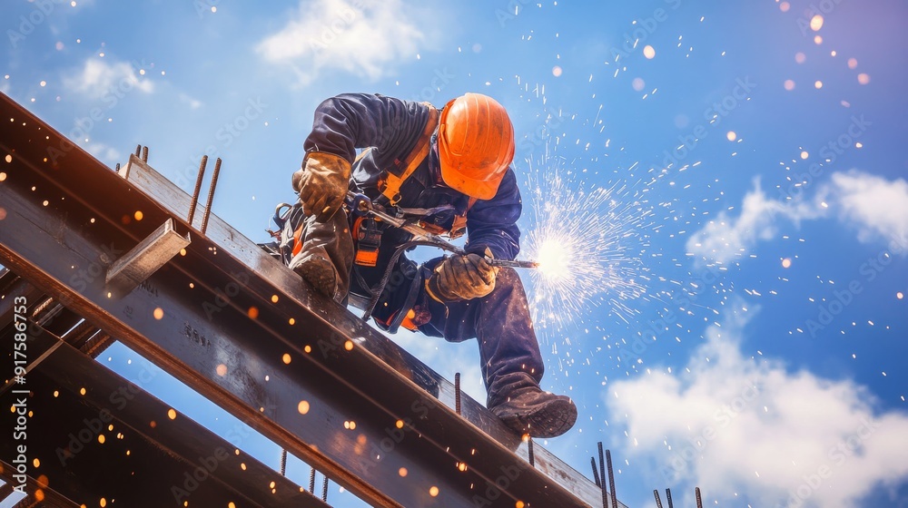 An ironworker welding steel beams on a high-rise building, with sparks ...