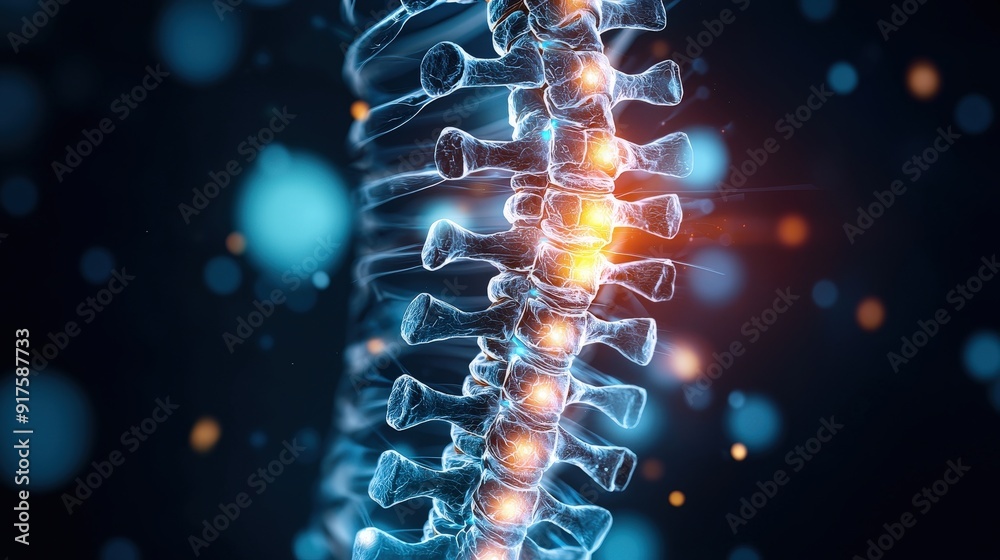 3D rendering of the human spine with labeled vertebrae and spinal cord ...