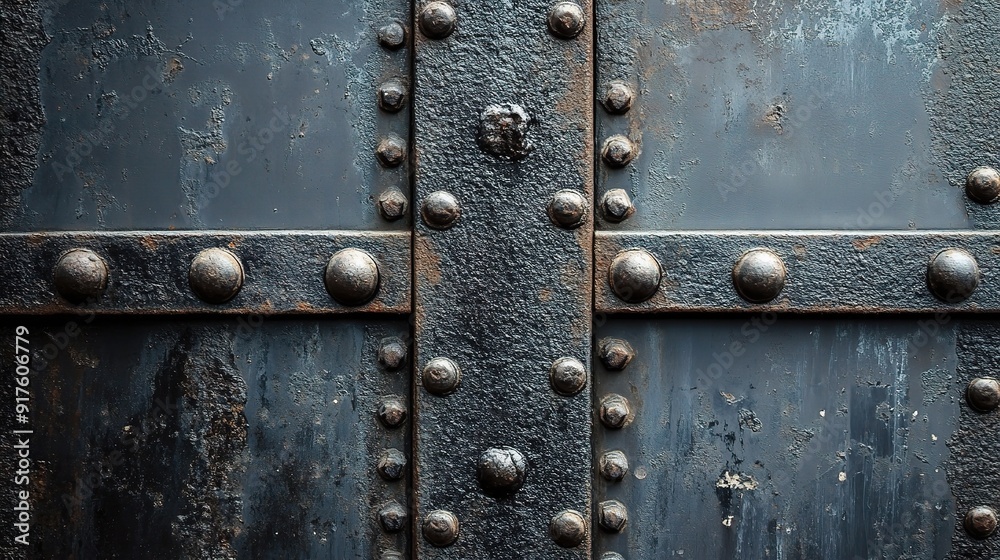 Forged in Time: A weathered metal door, adorned with rows of iron ...