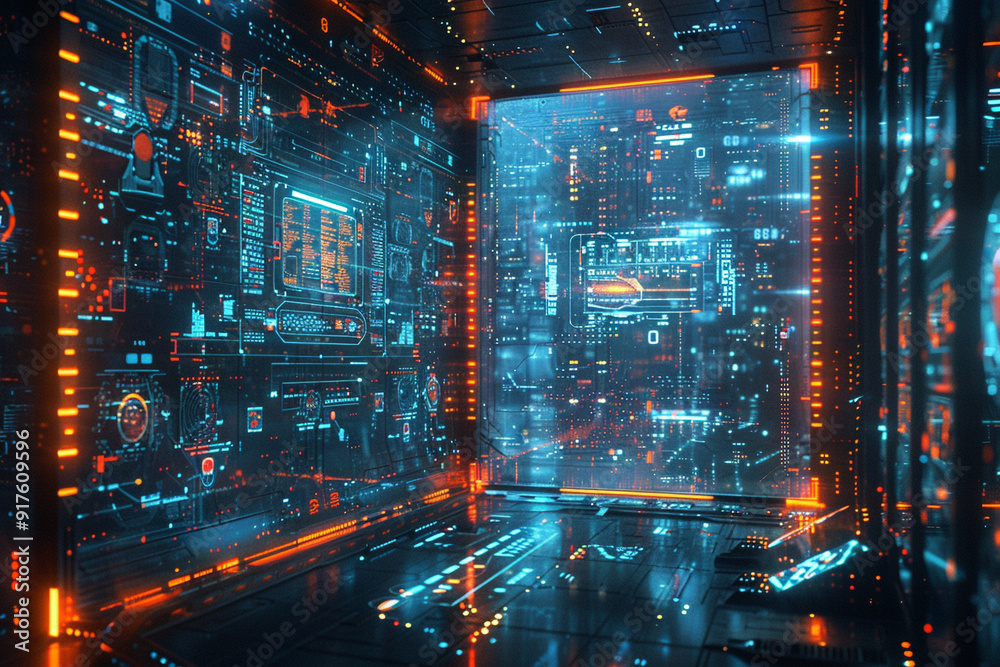 empty dark room exudes a modern, futuristic sci-fi ambiance with abstract technology elements ...