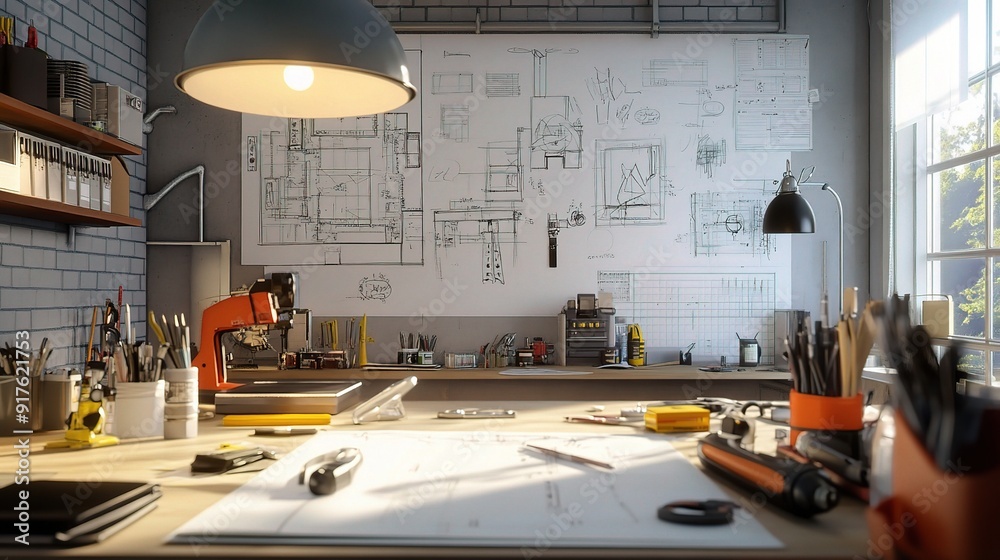 Architect's Vision: Sunlit drafting table brimming with blueprints and tools, embodying the ...