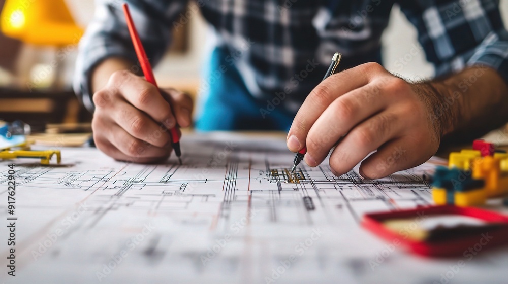 Architect's Blueprint: A close-up shot of an architect's hands ...