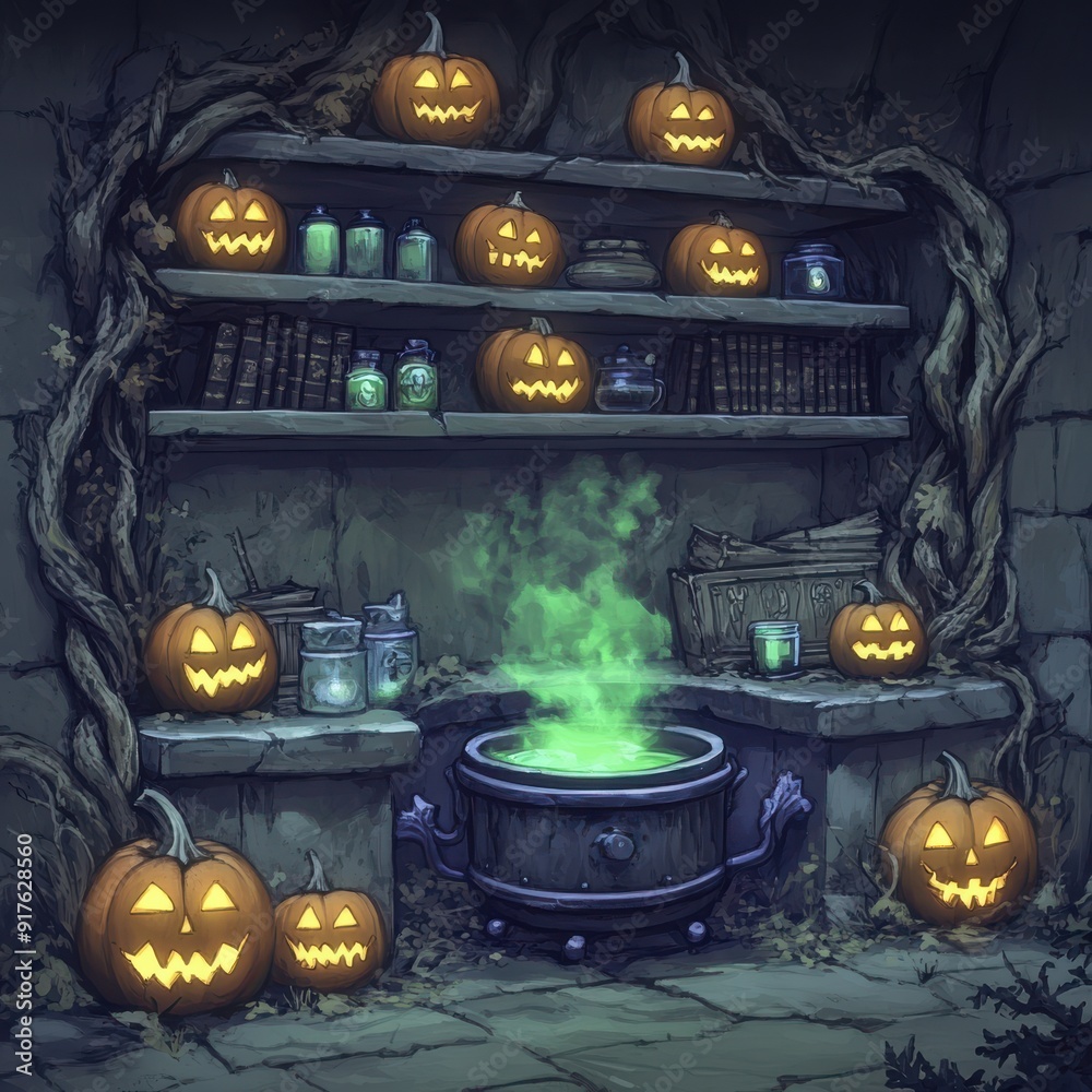 Spooky Halloween Scene with Glowing Jack-O'-Lanterns, Bubbling Cauldron ...