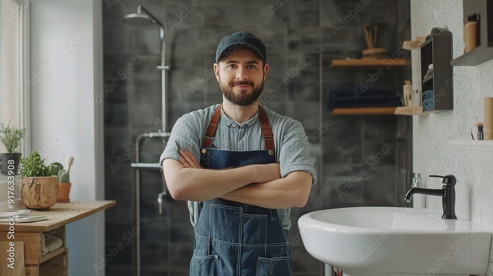 The Confident Craftsman: A bearded plumber stands proudly in a modern ...