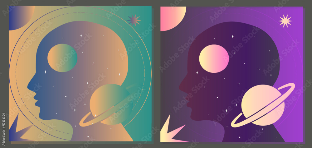 Cosmic Mind Illustration concept. Silhouette filled with celestial ...