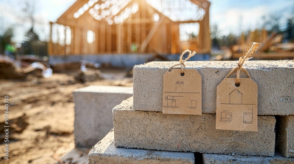 stack of concrete foundation blocks with price tags attached. Partially ...