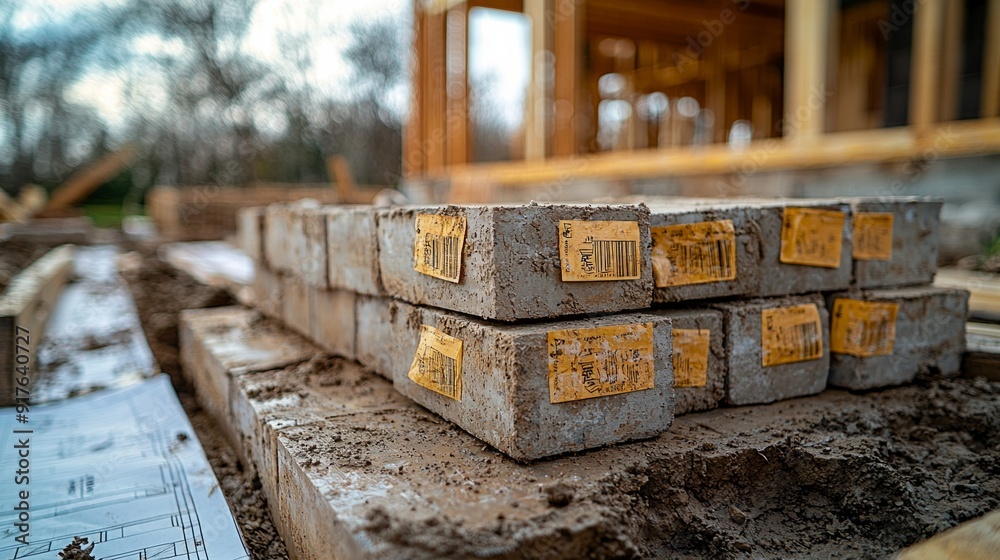 stack of concrete foundation blocks with price tags attached. Partially ...