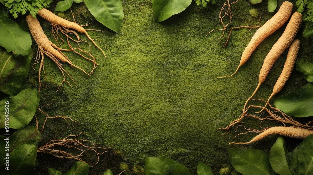 Ginseng roots and ginseng sheets on natural green moss background with ...