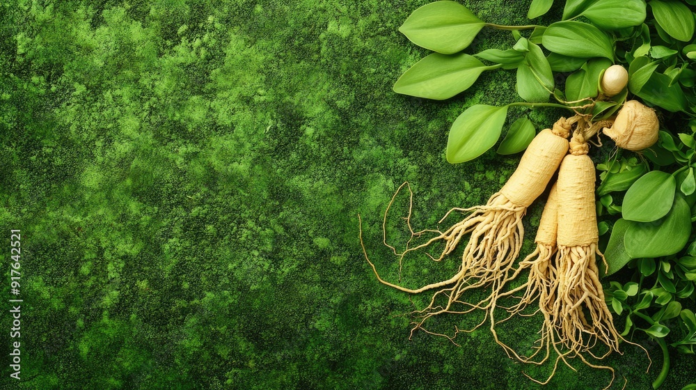 Ginseng roots and ginseng sheets on natural green moss background with ...