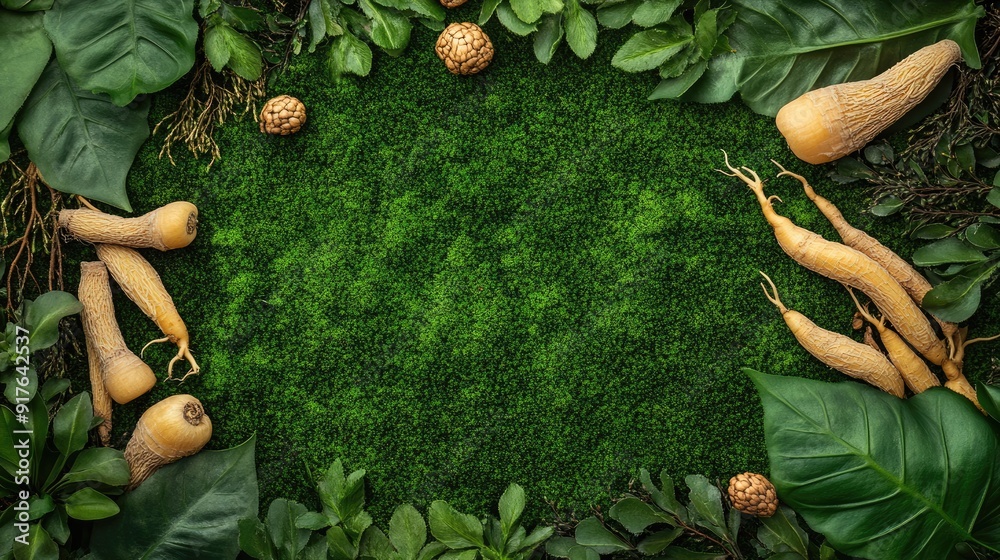 Ginseng roots and ginseng sheets on natural green moss background with ...