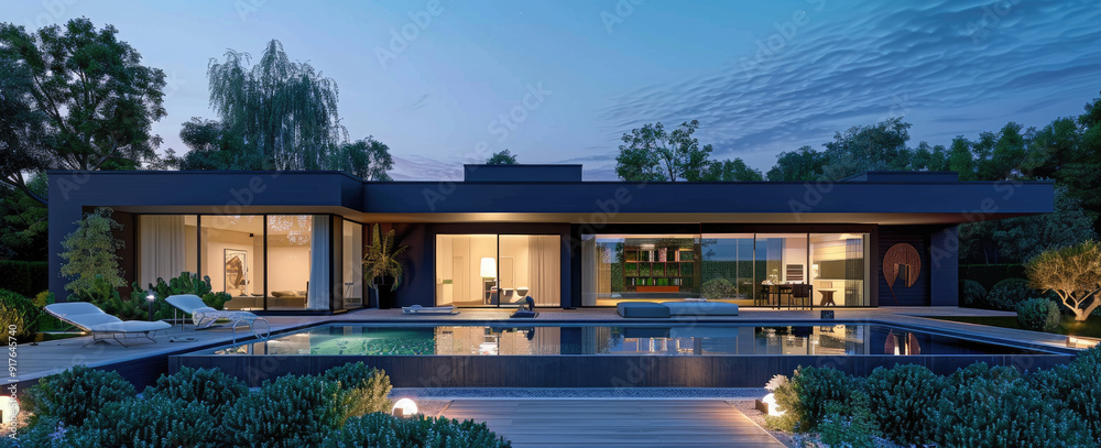 Modern house with a swimming pool and garden, evening light, modern ...