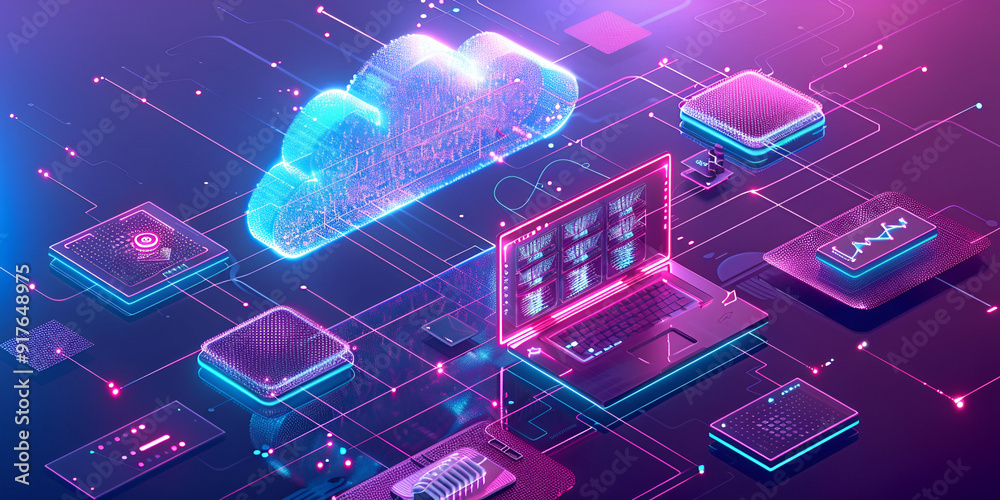 Futuristic Cloud Technology Concept with Neon Lights, Symbolizing Digital Connectivity, Cloud ...