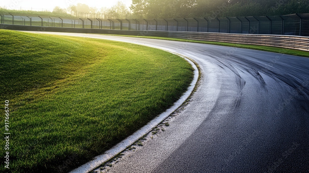 Curved racetrack section with safety fencing and grass runoff areas ...