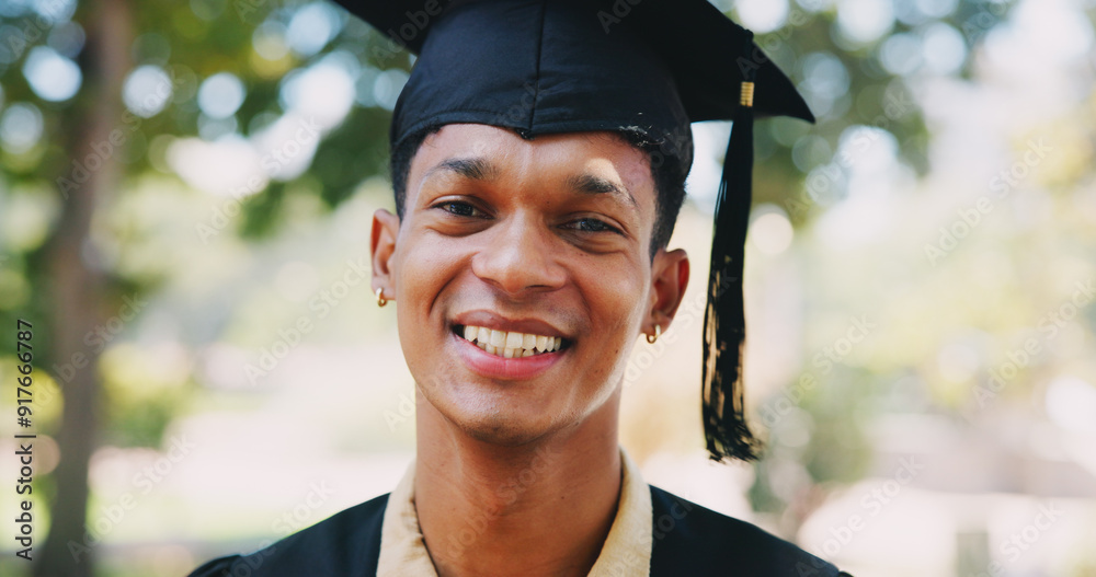 Portrait, happy man or college graduation in park on campus in ...