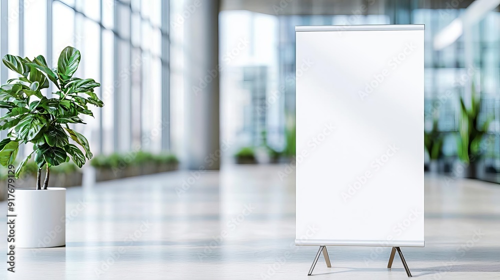 Empty whiteboard in modern office space with natural light and greenery ...