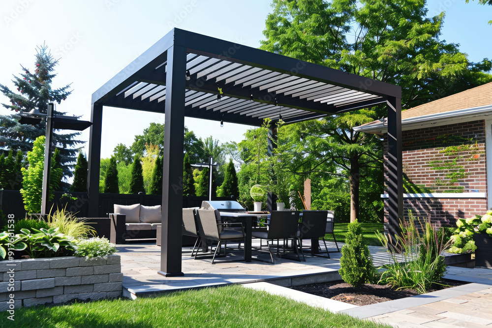 A modern black steel outdoor pergola with an elegant design, providing ...