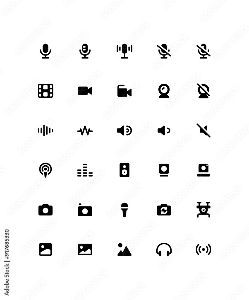 Audio video icon set in line style vector. Podcast, camera, sound ...