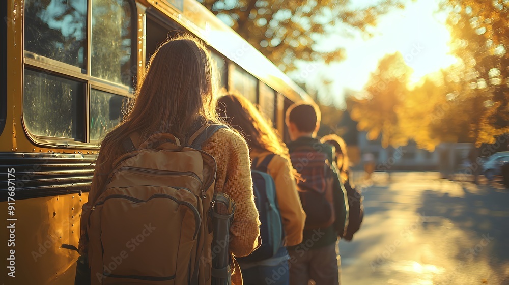 Students boarding a school bus under golden morning sunlight on their ...