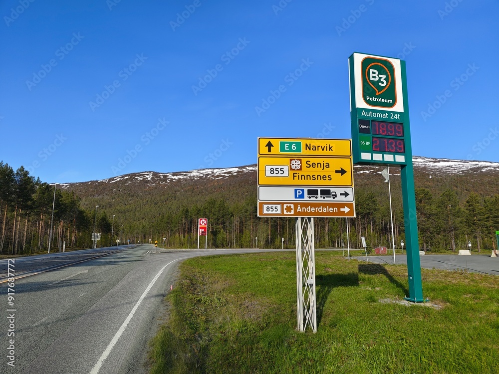 Road signs in Norway and typical Norwegian landscape Stock Photo ...