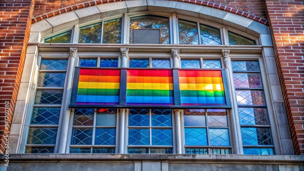 Rainbow Pride Flag Displayed in Window of Brick Building - Three ...