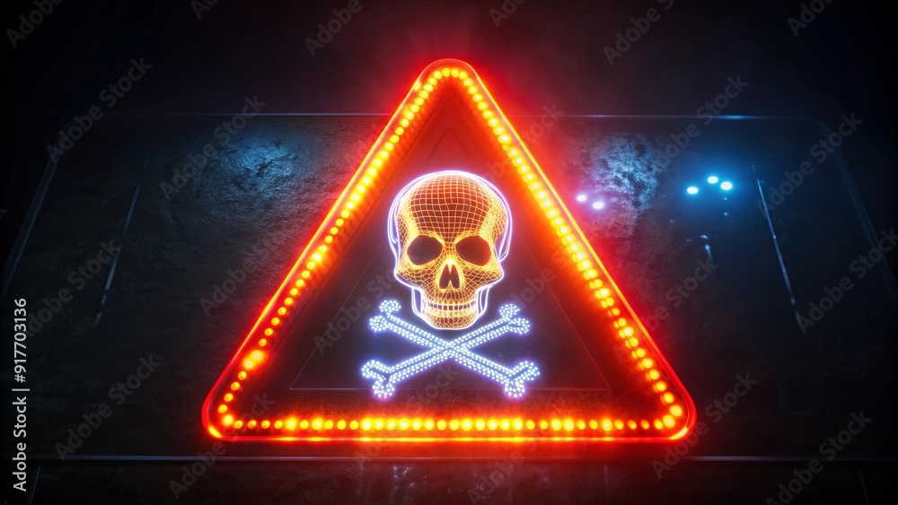 Neon Skull and Crossbones Warning Sign - A glowing neon sign in the ...