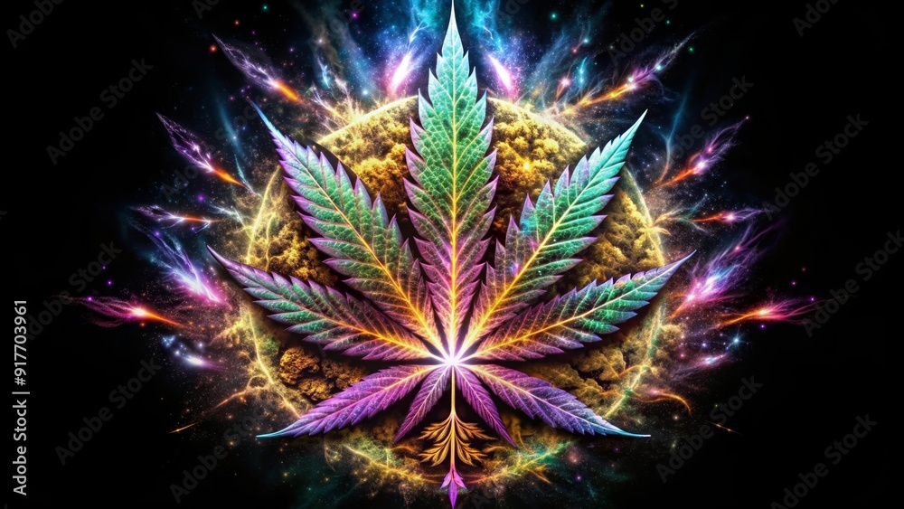 Psychedelic Cannabis Leaf with Cosmic Background - A vibrant, psychedelic cannabis leaf is ...