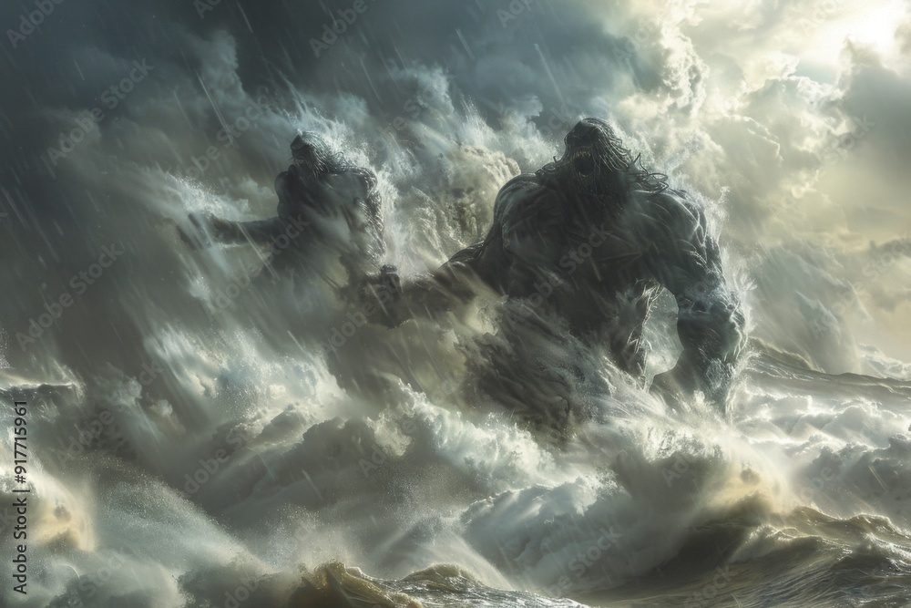 Mighty storm: colossal figure emerges from turbulent seas at twilight ...