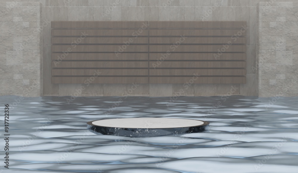 Round podium on water surface, pool showroom, floating marble podium on ...