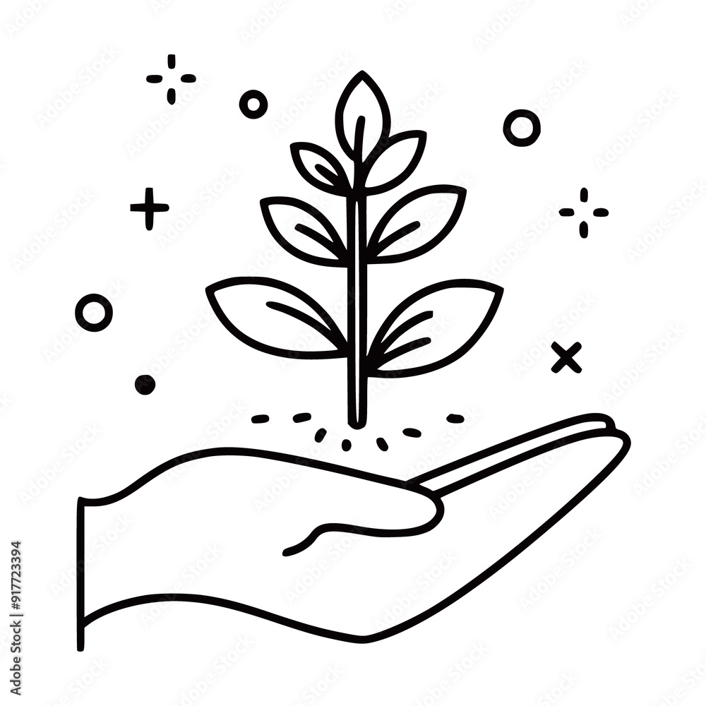 Continuous line drawing plant on the hand with eco leaf energy concept ...