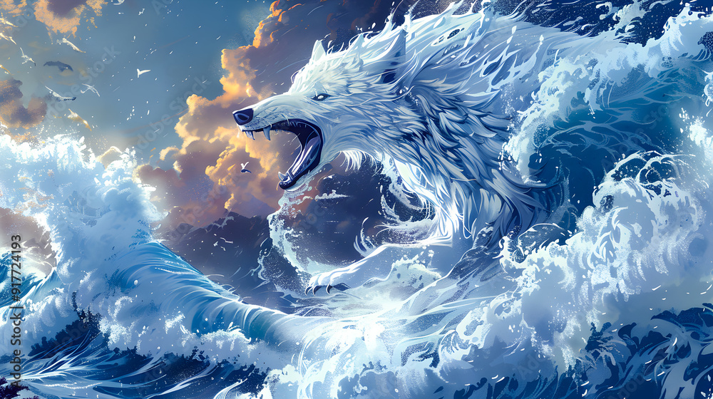 Ocean Wolf Head Wave. An impressive waves off kanagawa illustration in ...