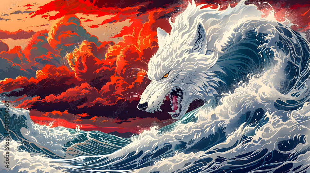 Ocean Wolf Head Wave. An impressive waves off kanagawa illustration in ...