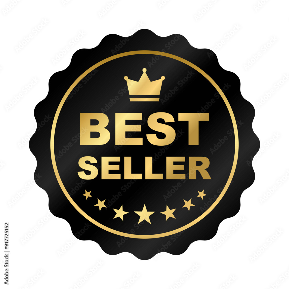 Best seller sticker label, Black badge Golden Text with Stars and ...
