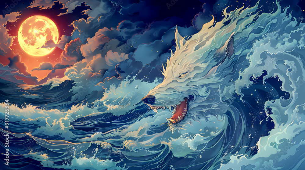 Ocean Wolf Head Wave. An impressive waves off kanagawa illustration in ...