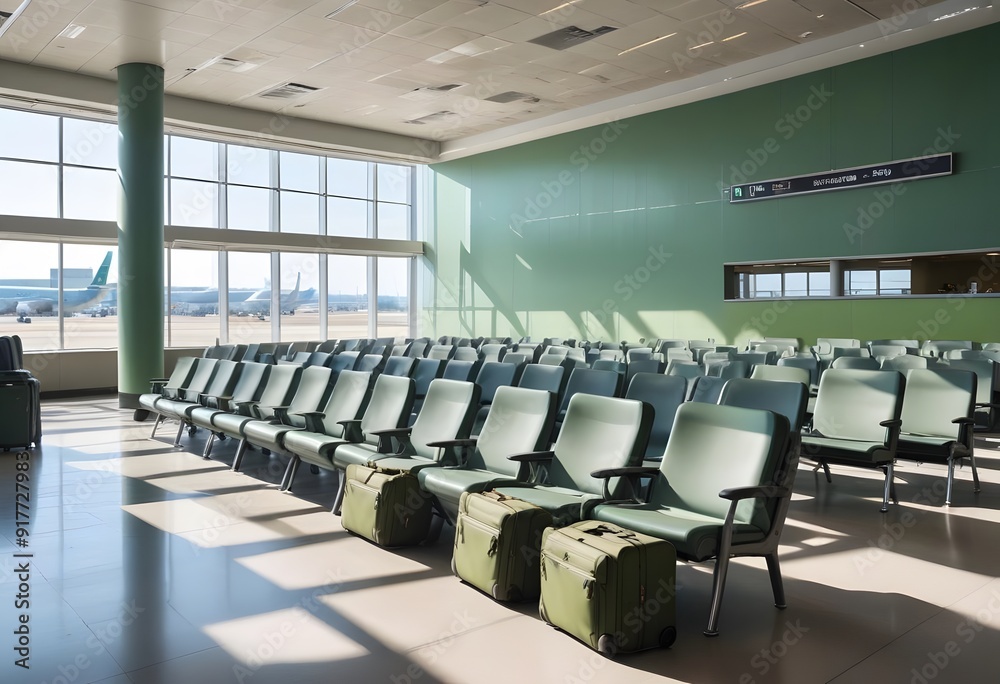 Waiting room at the airport. A large waiting area with rows of green ...