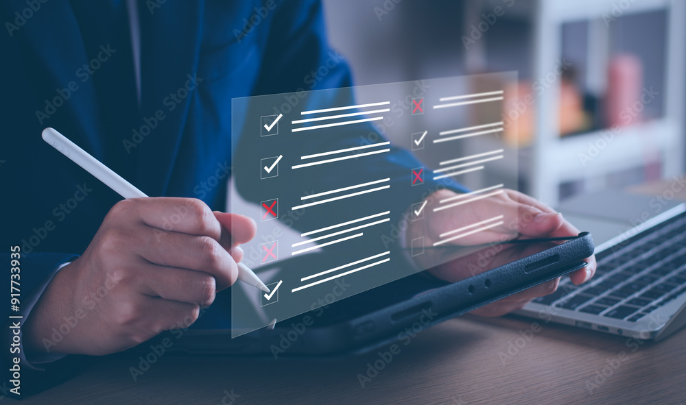 Check list concept. Businessman tick off questionnaire, survey, test ...