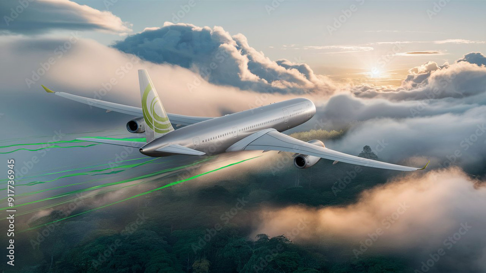 Depict a harmonious scene of an aircraft, propelled by biofuel ...