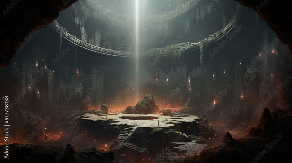 The image depicts a vast and mystical underground cavern with a central ...