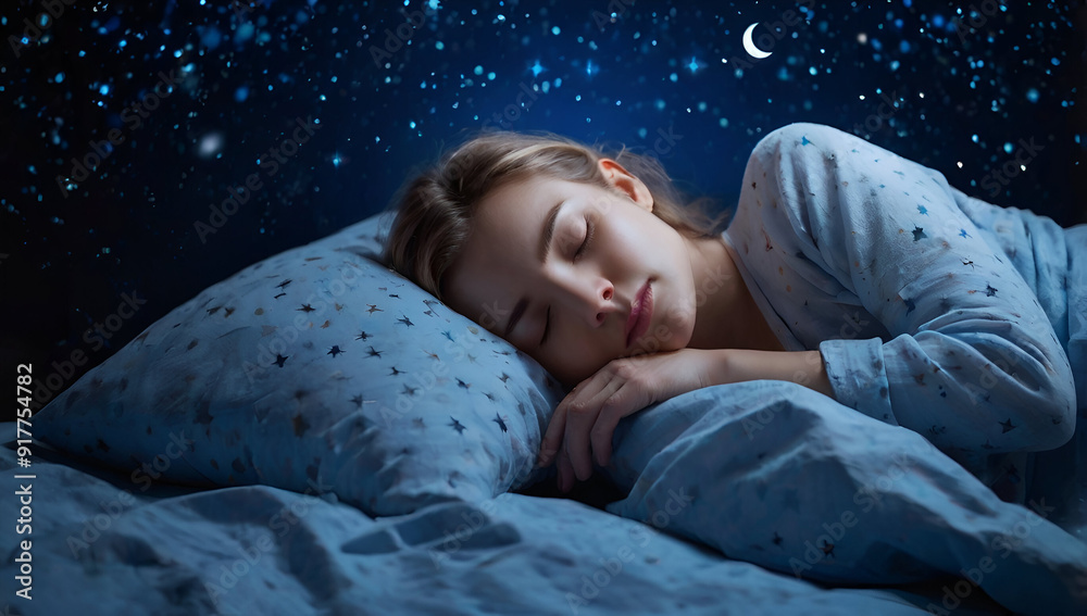 Sleeping Woman with Moon and Stars Blue Light Concept for Healthy Sleep ...