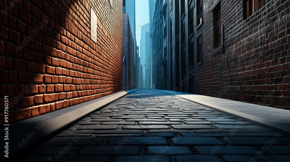 Cityscape with tall brick wall and shadowed street: A city street ...