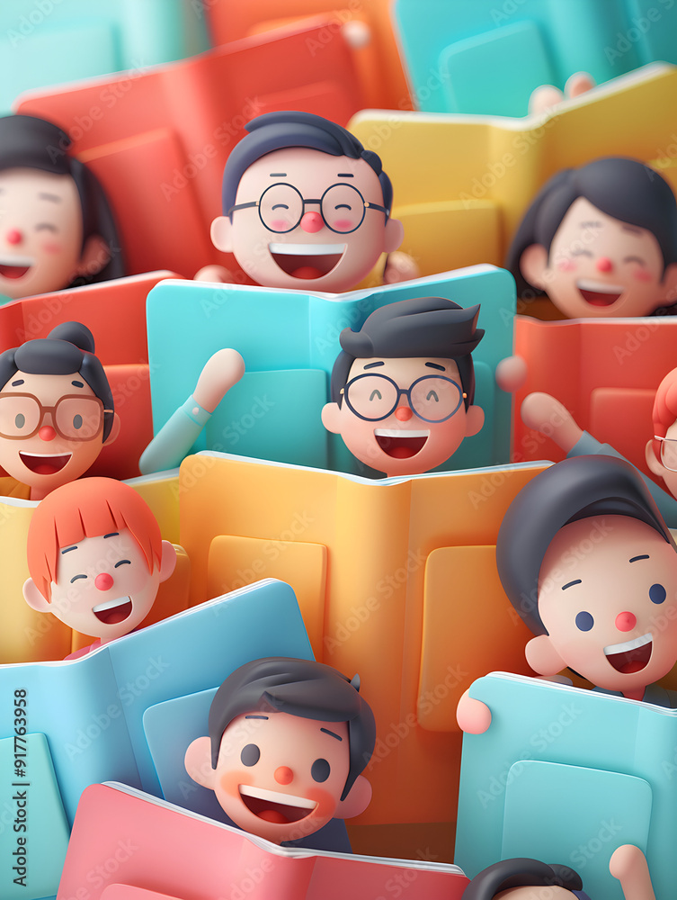 3D Flat Icon of People with Floating File Folders and Joyful Faces on ...