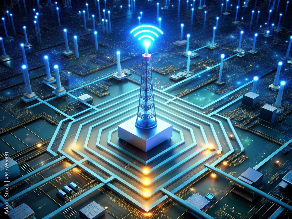 Isolated 3D illustration of wireless network signal waves radiating ...