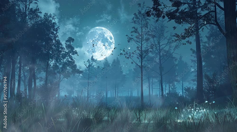 Misty forest with tall trees illuminated by the soft glow of a full ...