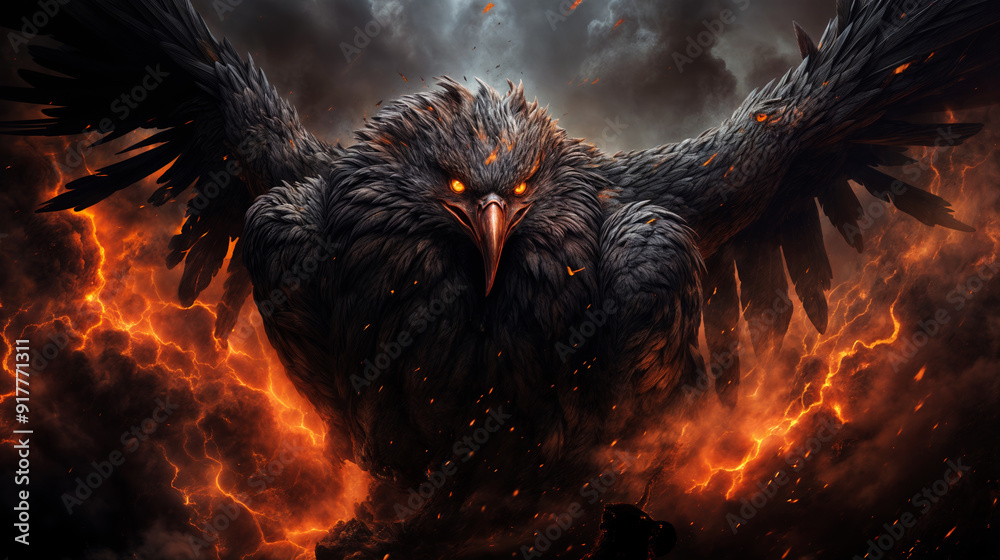 Demonic raven emerging from flames, dark fantasy creature with glowing ...