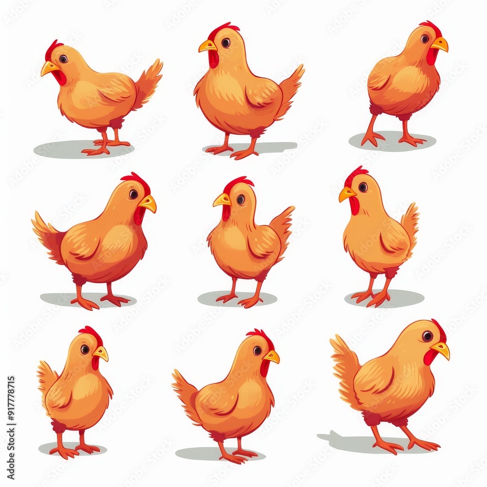 Cute Cartoon Chickens Set - Illustration of Nine Animated Hens for ...