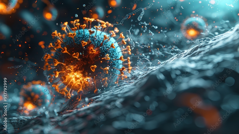 A detailed 3D model of a virus being engulfed by a macrophage, a type ...