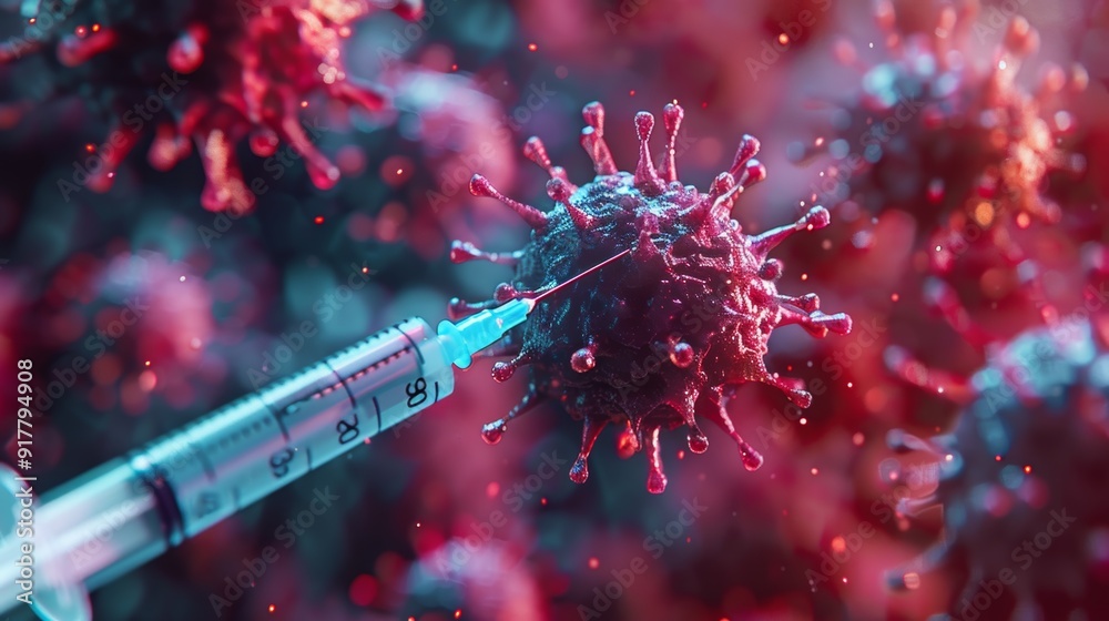 A realistic 3D illustration of a virus particle with a syringe ...